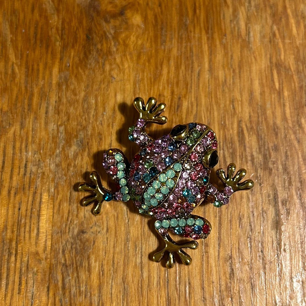 Multi-coloured sparkly frog brooch with rhinestones.... - Depop