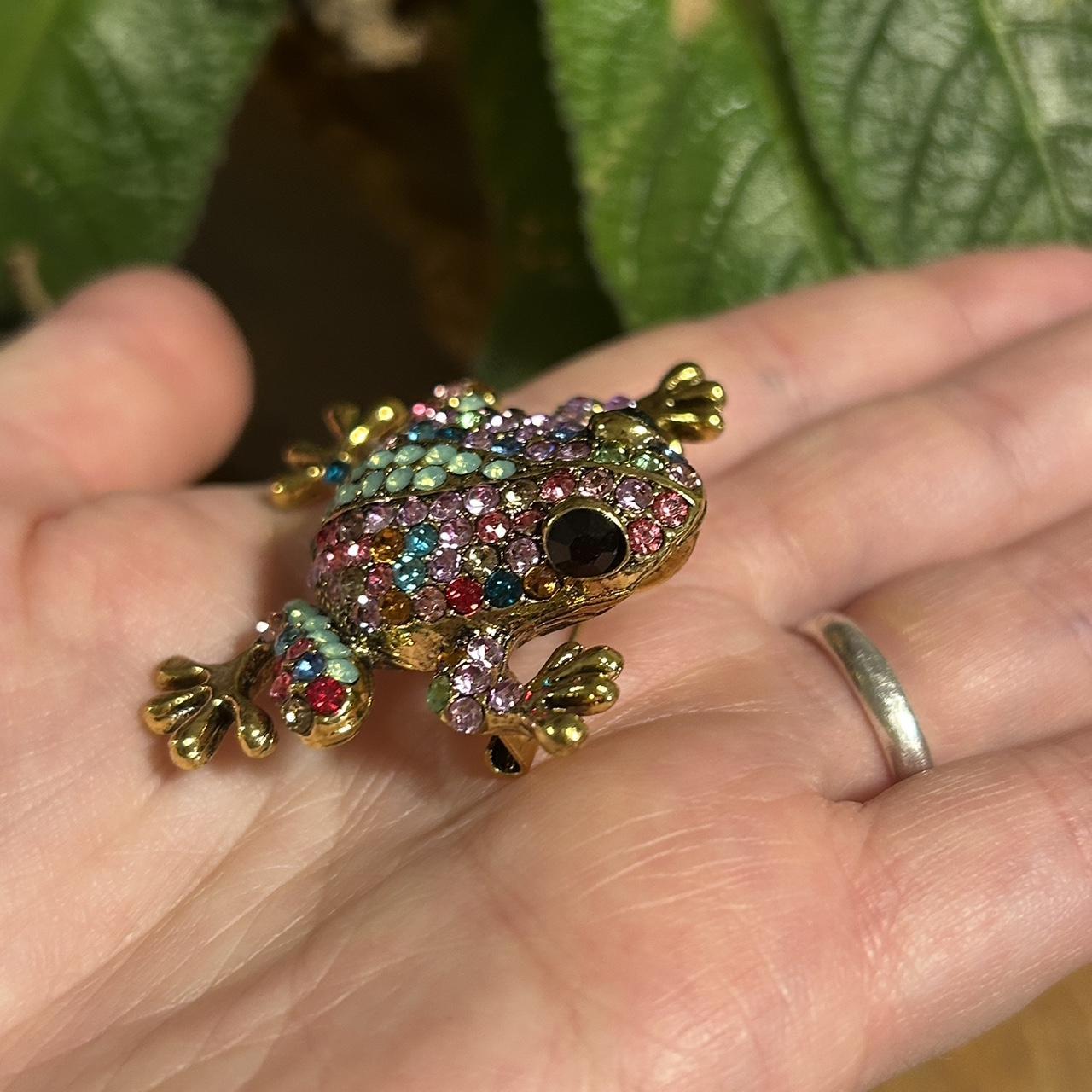 Multi-coloured sparkly frog brooch with rhinestones.... - Depop