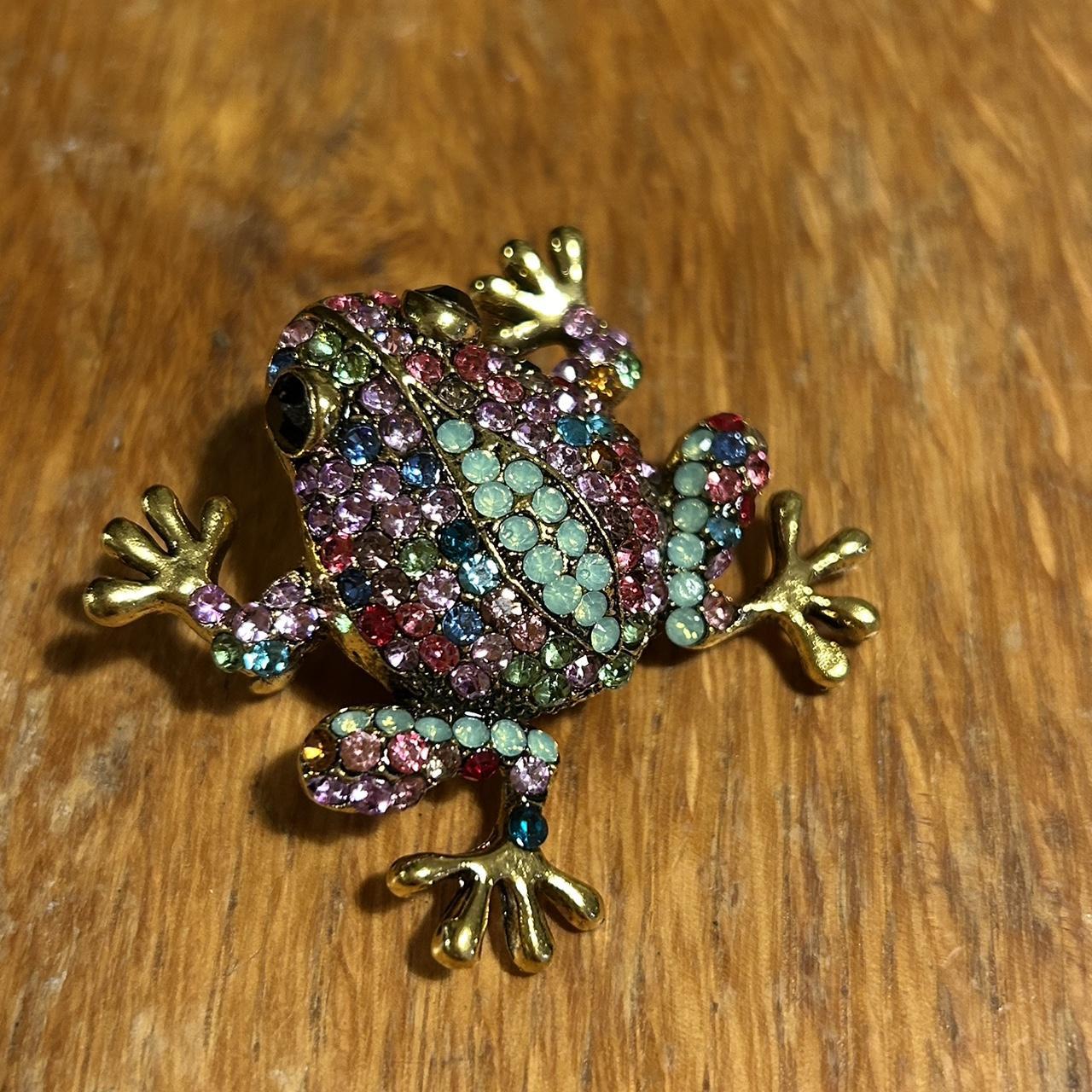 Multi-coloured sparkly frog brooch with rhinestones.... - Depop