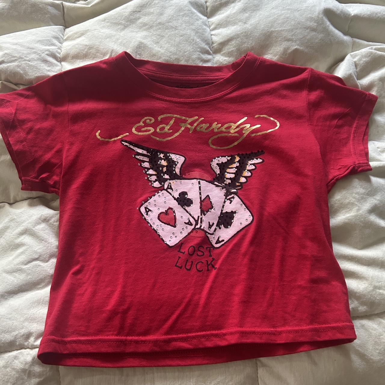 Ed Hardy red and gold baby tee PLEASE message... | Depop