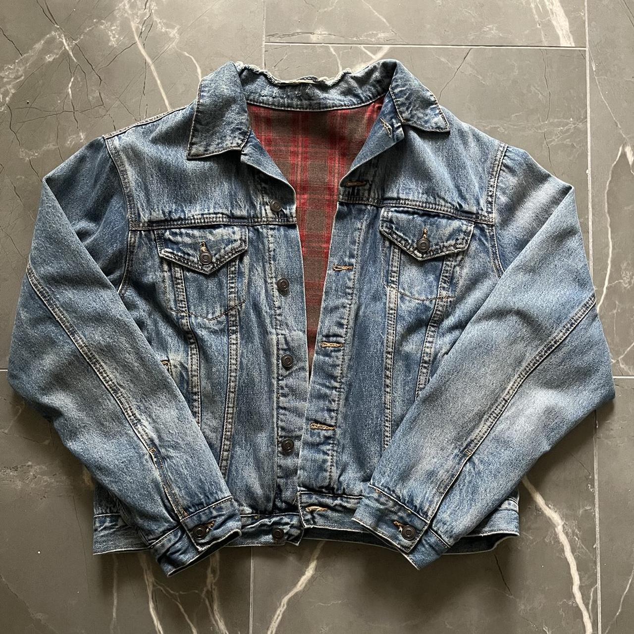 MNML Reversible Denim/Flannel Jacket Blue/Red... | Depop