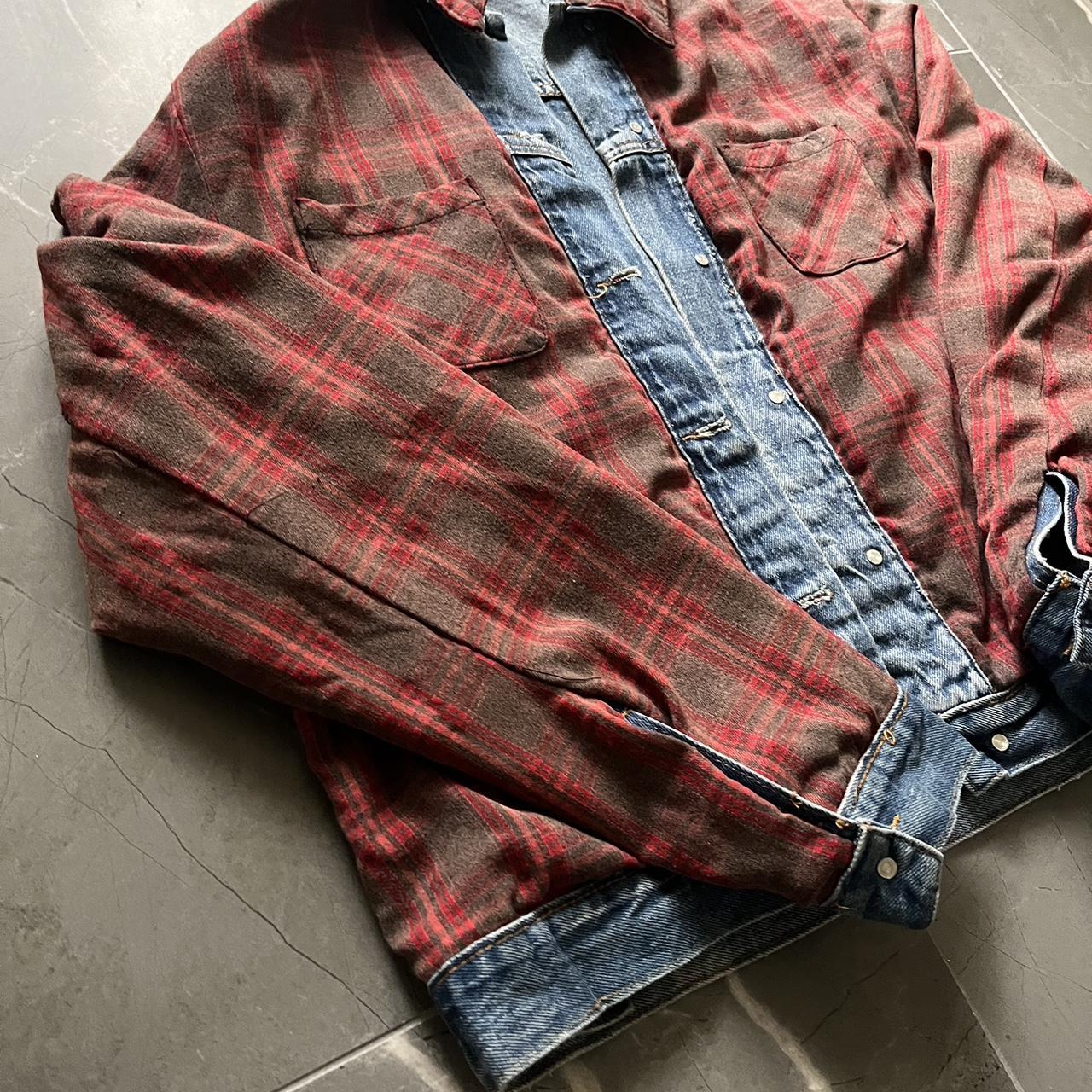 MNML Reversible Denim/Flannel Jacket Blue/Red... | Depop
