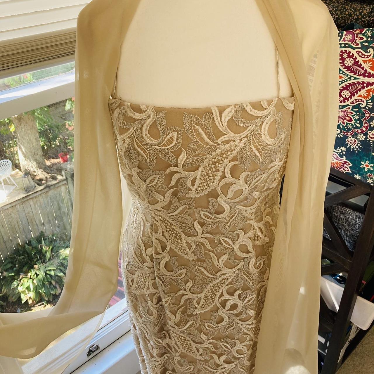 Tan square neckline beaded dress/gown A stunning... - Depop