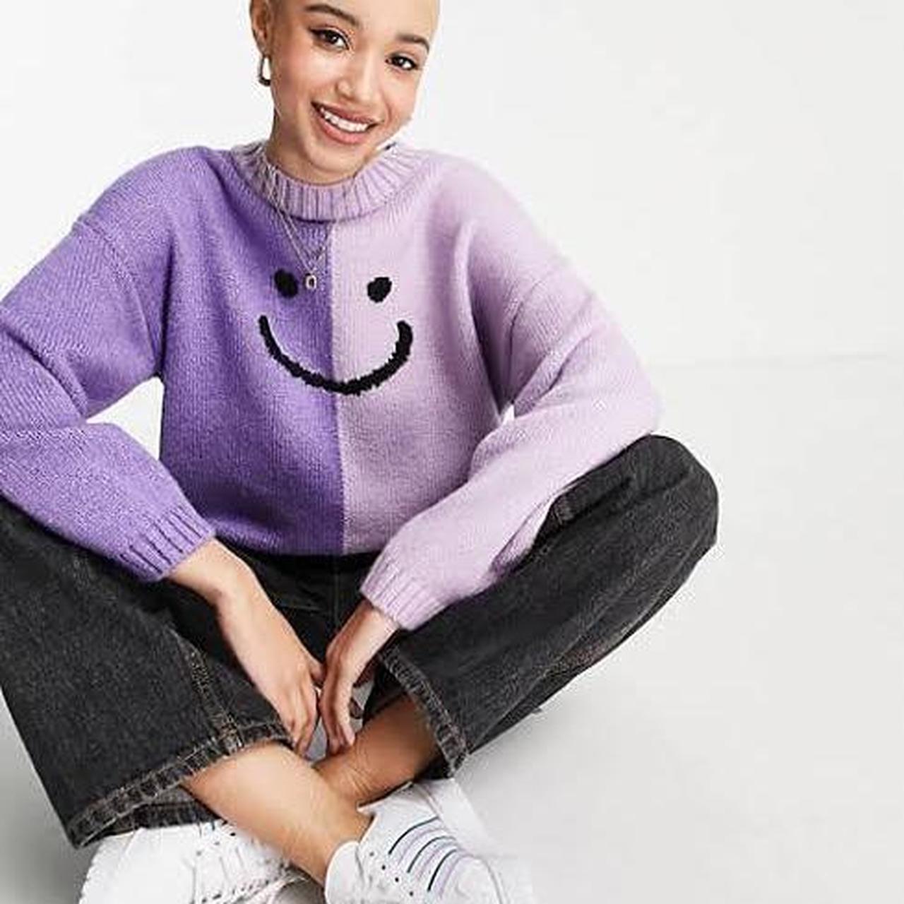 Asos purple half and half smiley face jumper super... - Depop