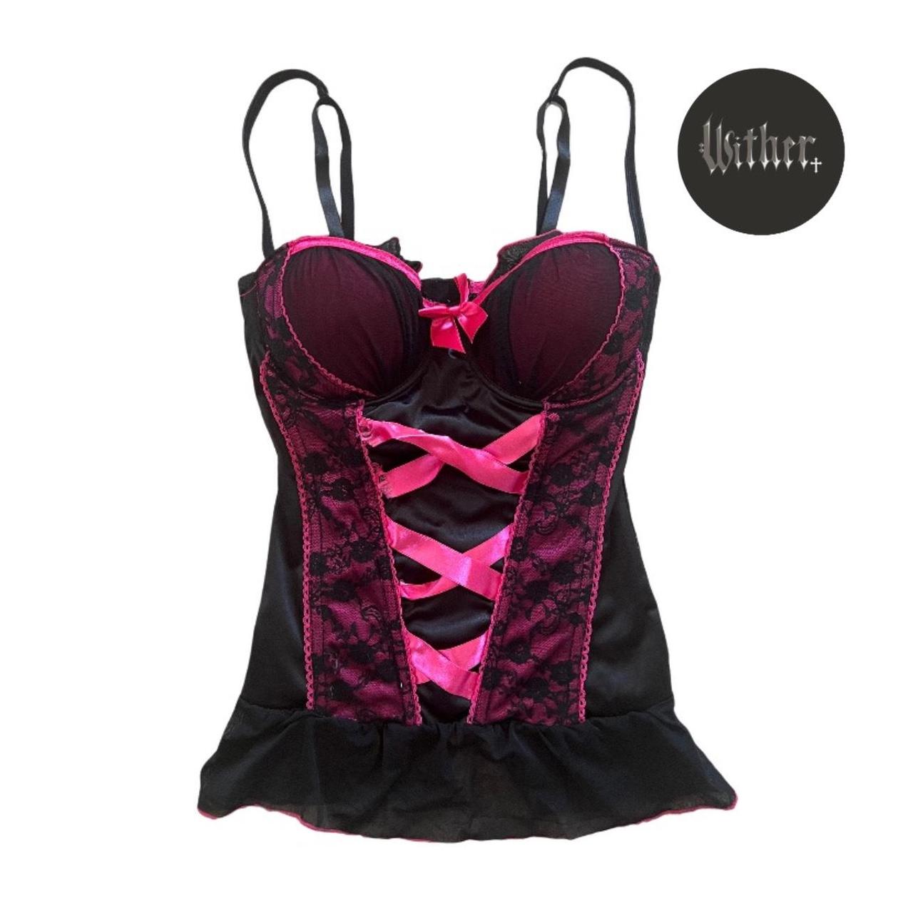 🕷️ black/pink satin lacey lace-up detail corset top ... | Depop