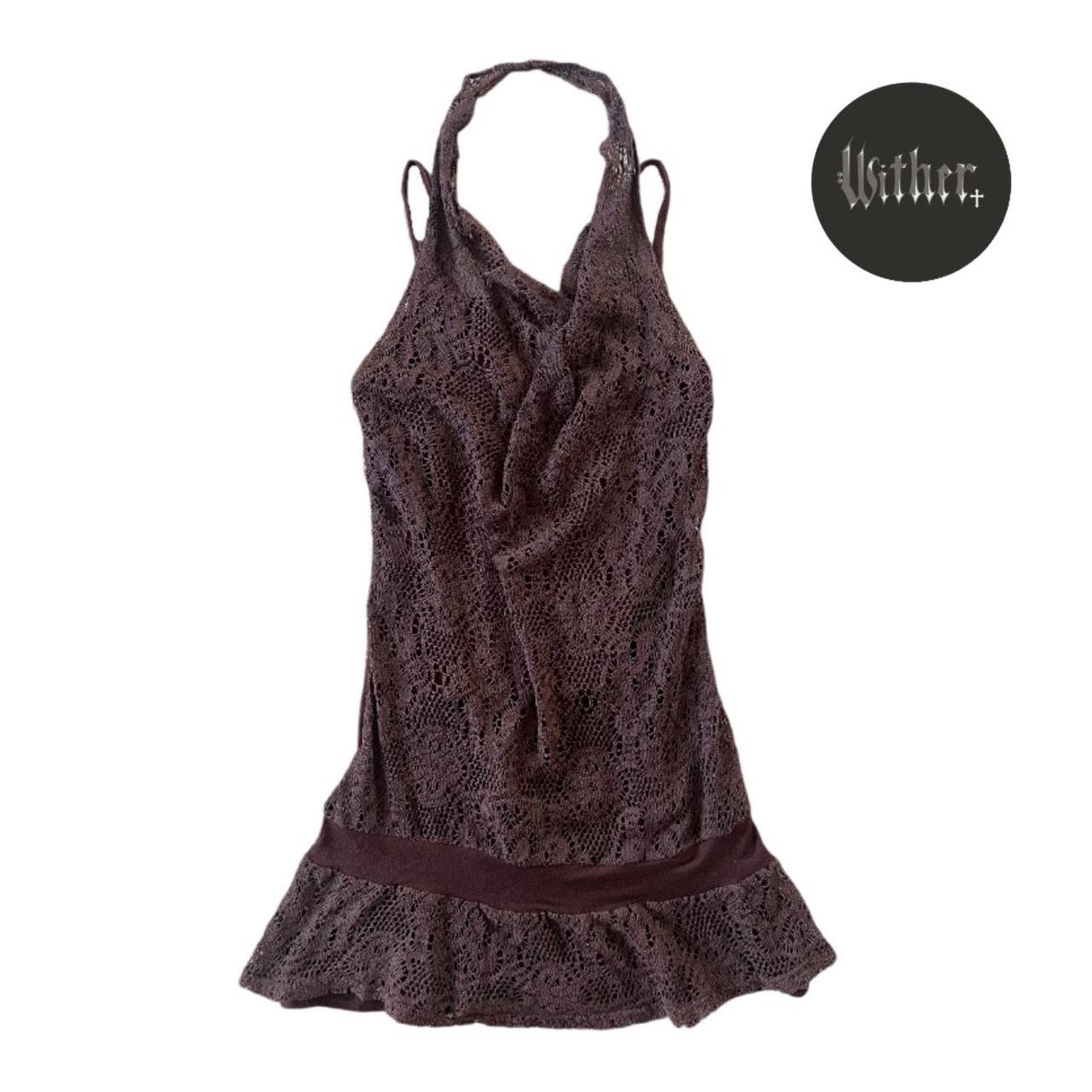🕷️ brown crochet halter drop waist mini dress size... | Depop