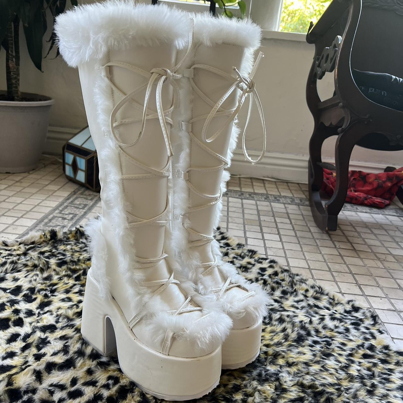 white fluffy fur demonia lace up boots in perfect... - Depop