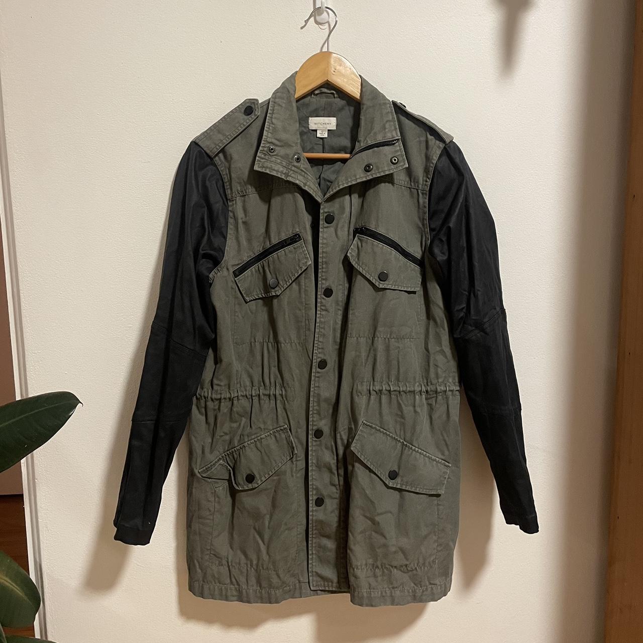 Witchery khaki jacket with black leather look... - Depop