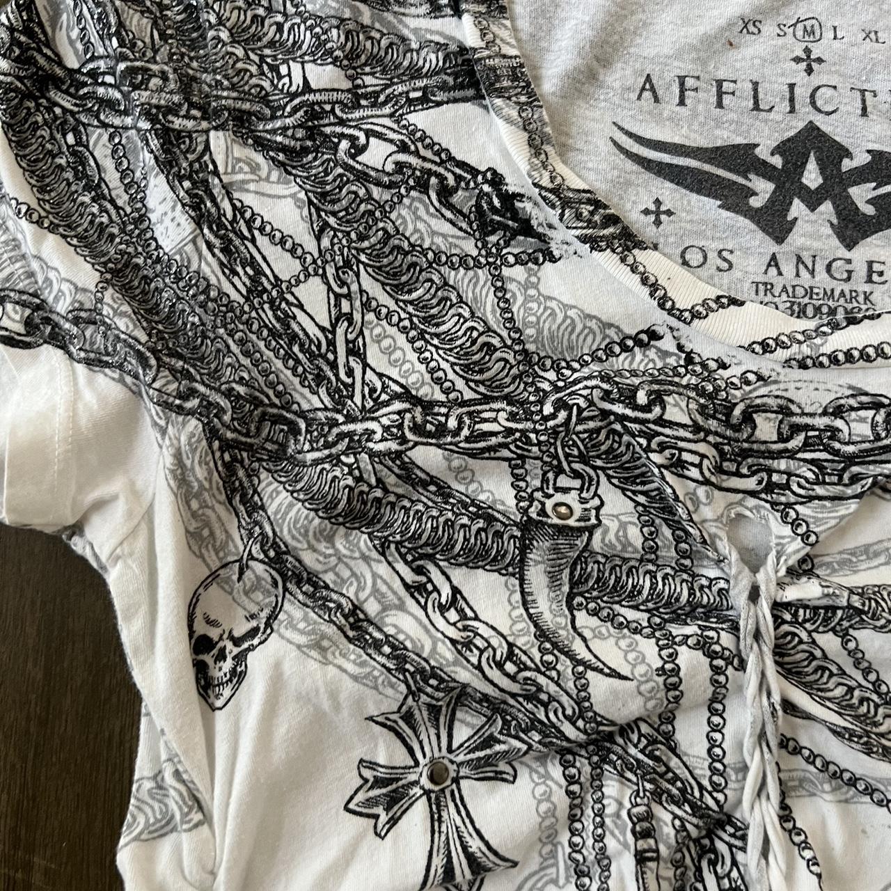 Affliction Women's White and Black Shirt | Depop