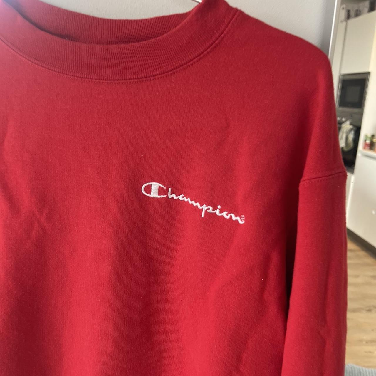 Champion red crew neck jumper good condition size... - Depop