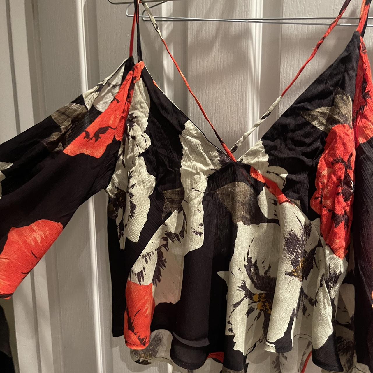 Farm rio red black and white floral top with wide... - Depop
