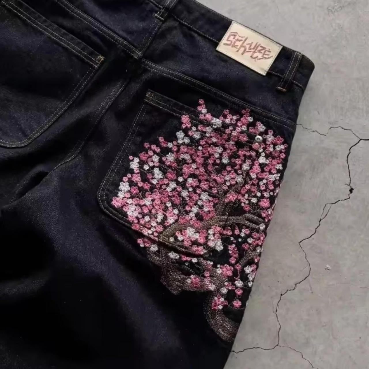 beautiful black denim jeans with cherry blossom tree... | Depop