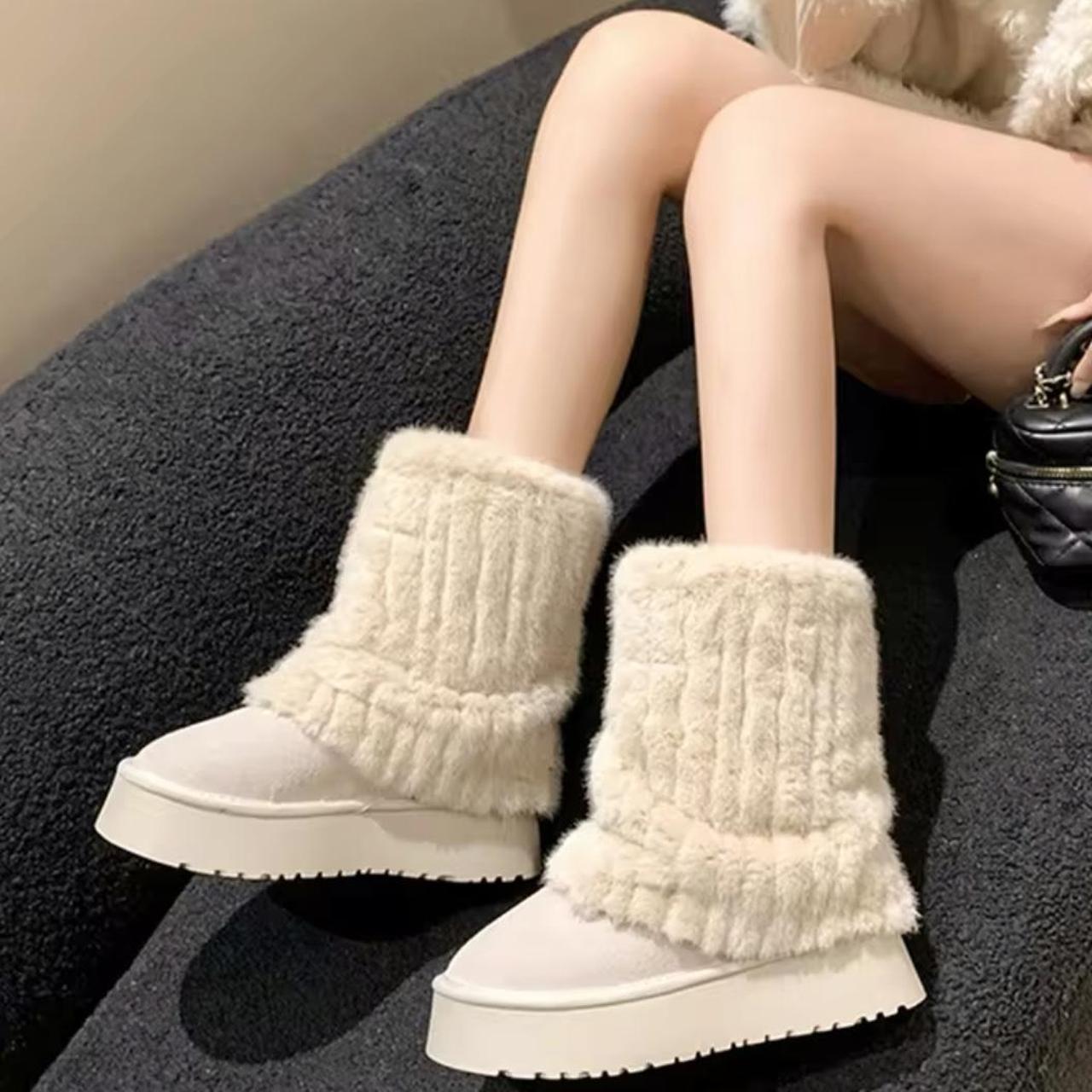 Suede Fold Over Faux-Fur Platform Boots with Thick... - Depop