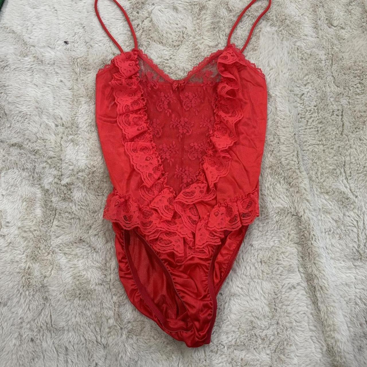 Red lace bodysuit Sheer in middle New Size small... - Depop