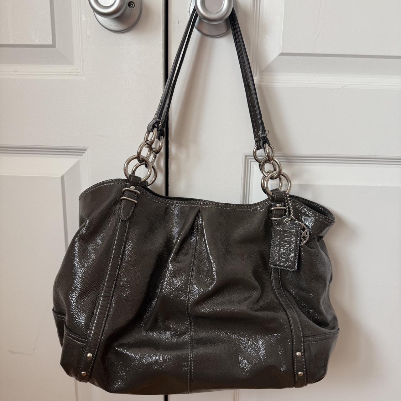 vintage coach patent leather dark green bag with... | Depop