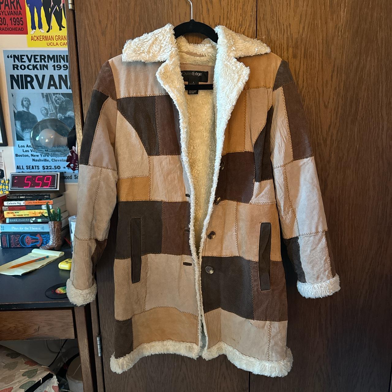 patchwork long leather coat size small small tear... - Depop