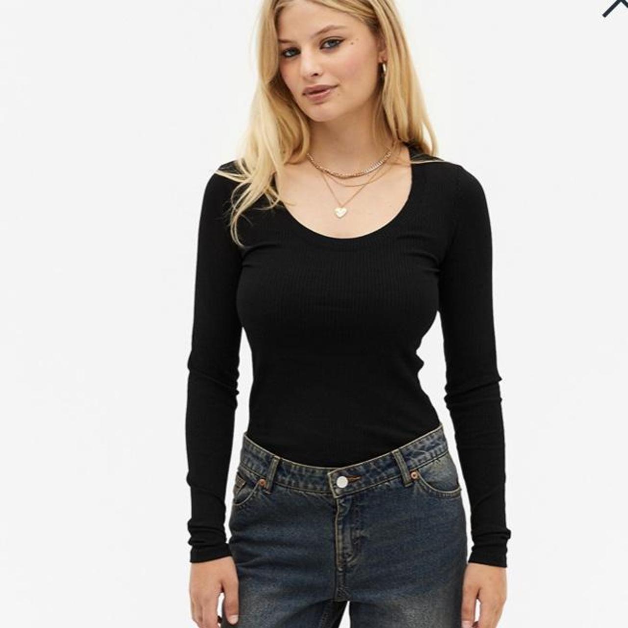 Black long sleeve scoop neck top Monki Size... - Depop
