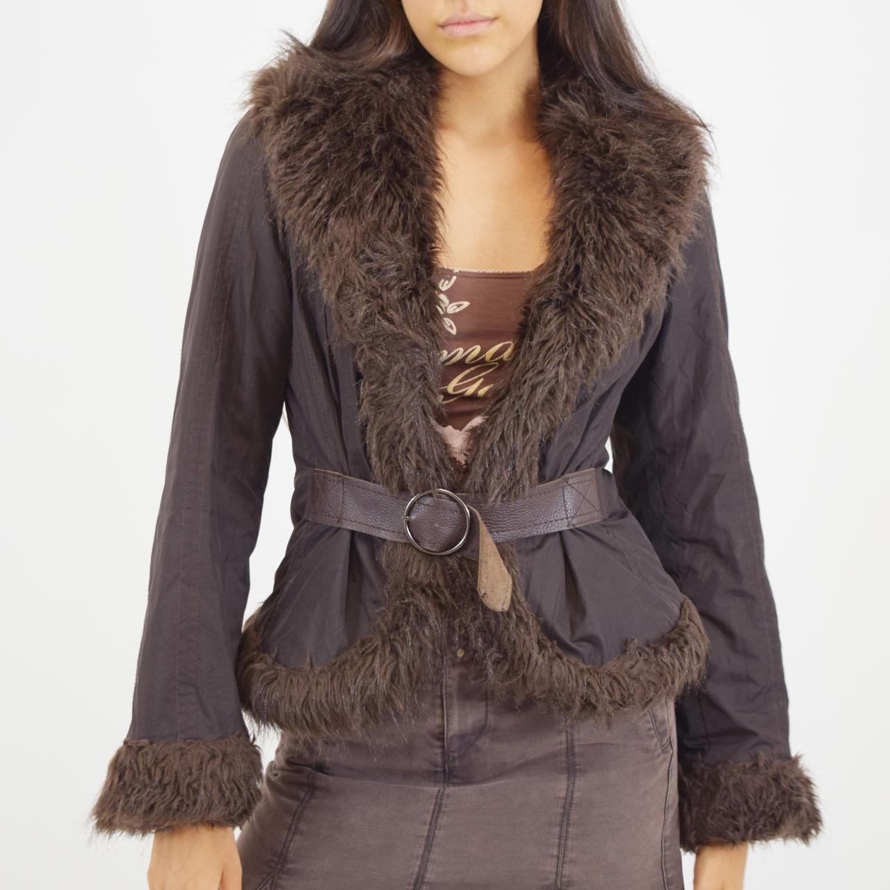 Cropped Afghan jacket in brown faux fur with belt ♡... - Depop