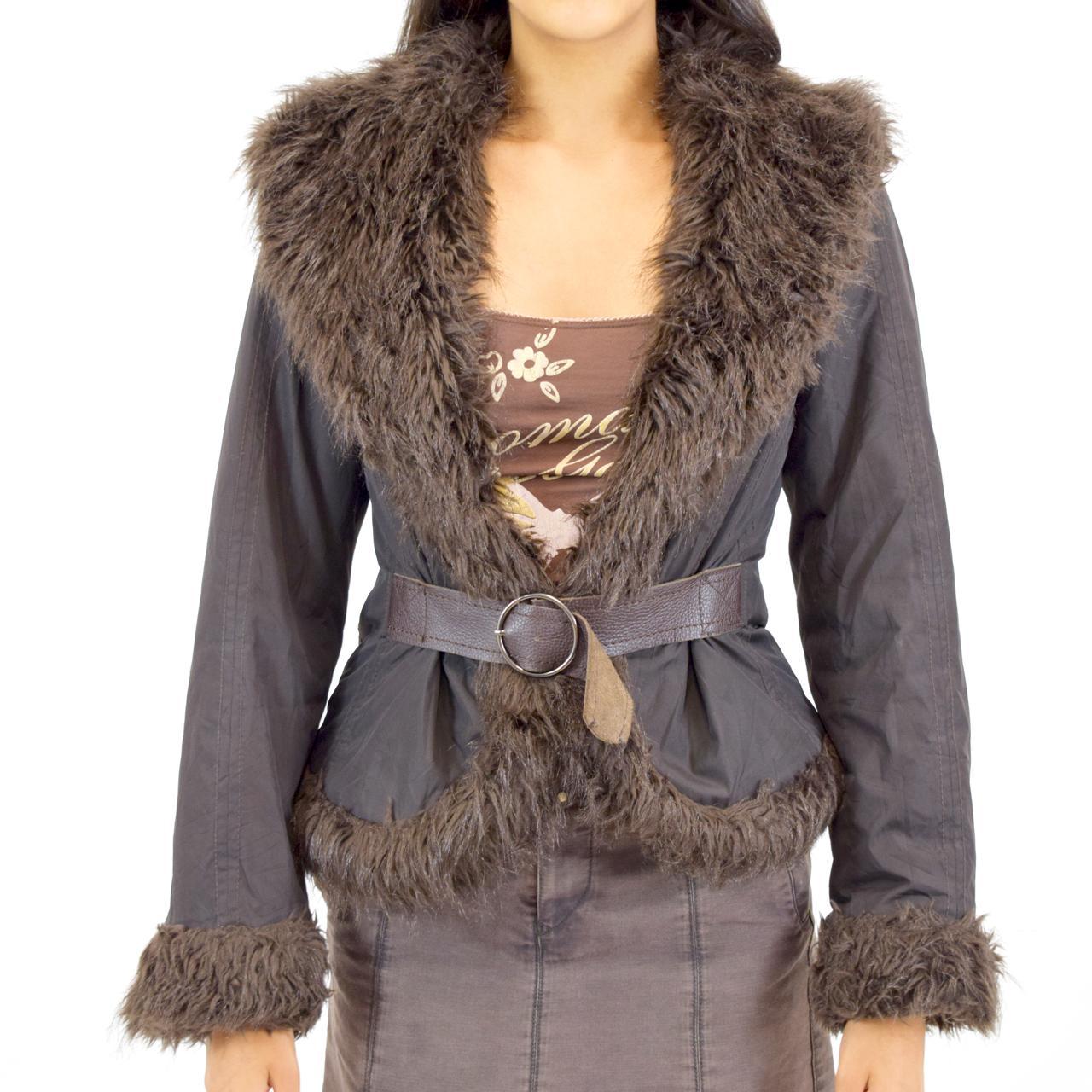 Cropped Afghan jacket in brown faux fur with belt ♡... - Depop