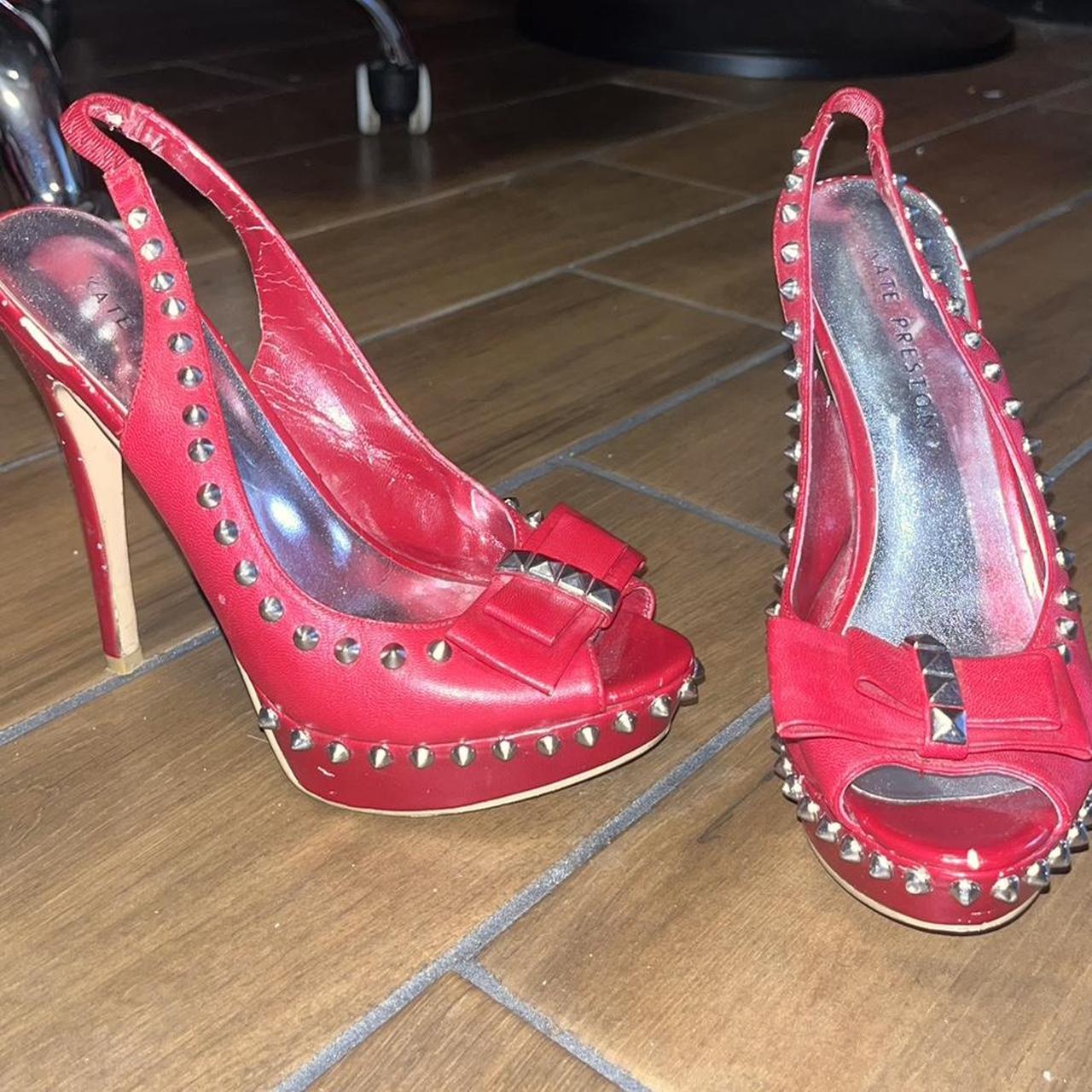 red spiky open toe and heel heels they have some... - Depop