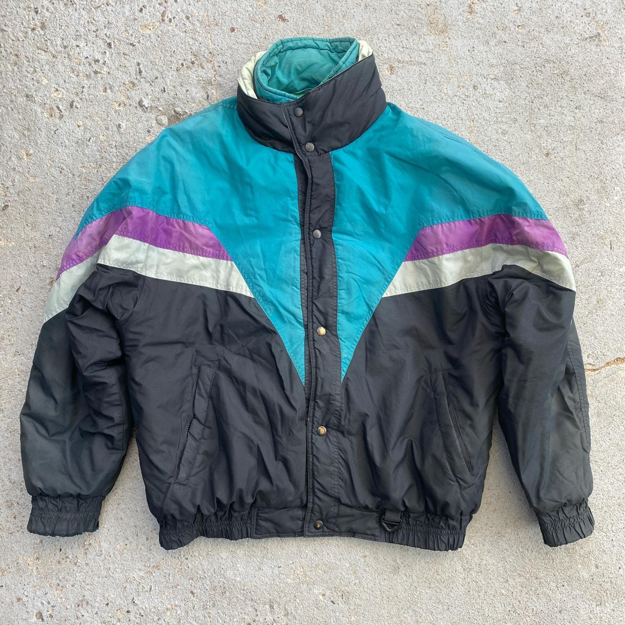 Vintage 90s Retro Black Multi Color Puff Windbreaker... - Depop