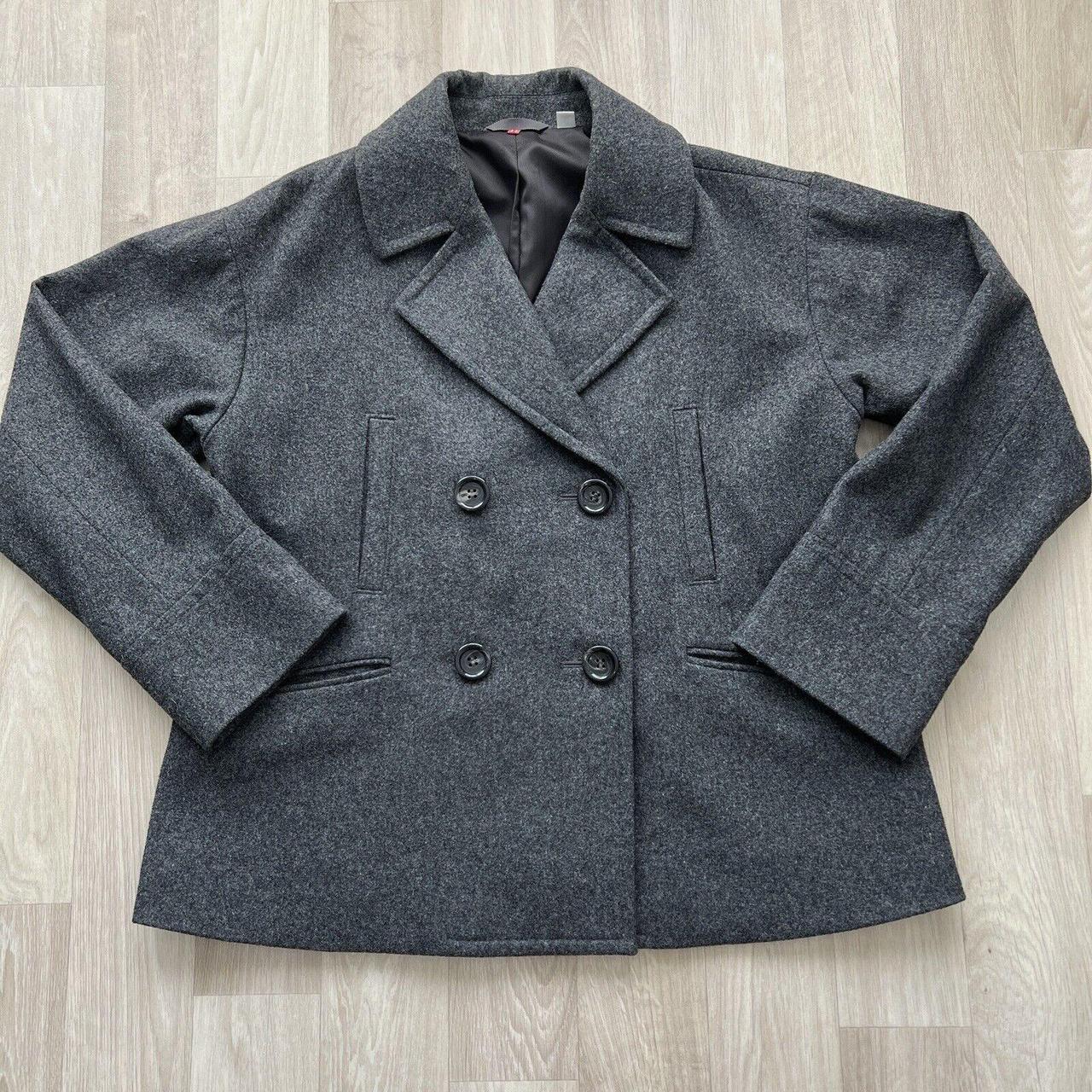 Uniqlo Womens Grey Short Coat Size M double breasted... - Depop