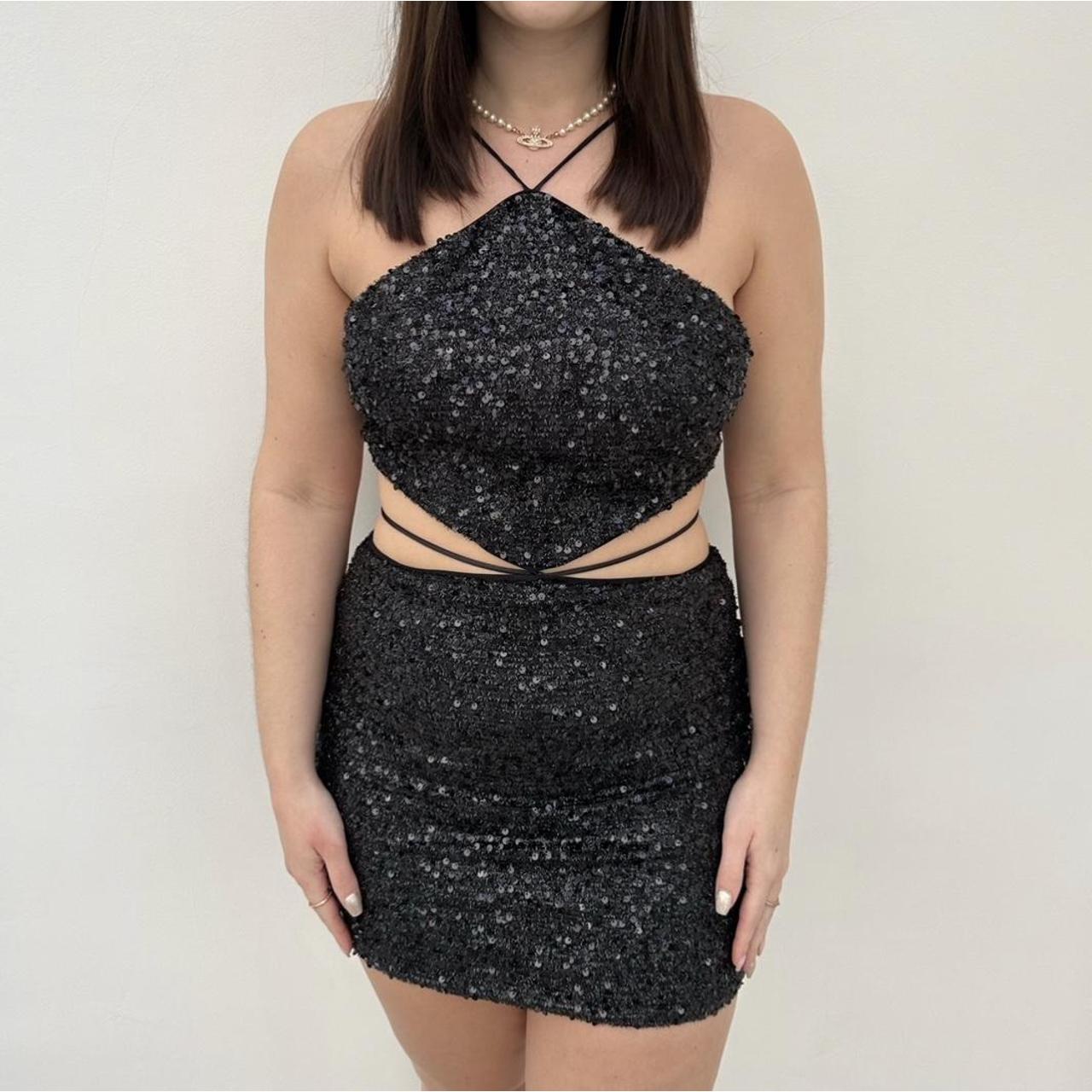 SHEIN BLACK CUT OUT CRISS-CROSS TIE BACKLESS SEQUIN... - Depop