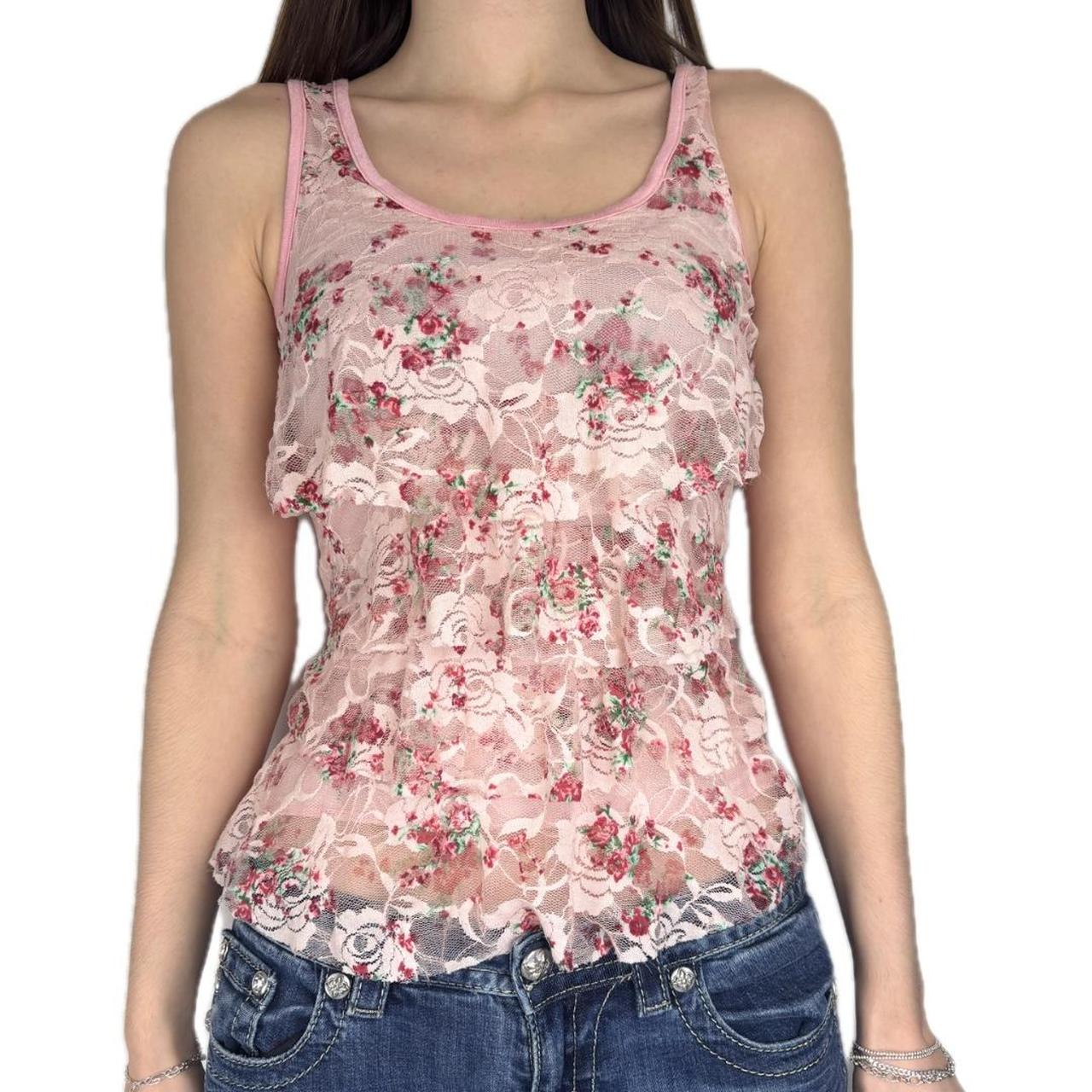 Pink Floral Layered Ruffle Lace Vest Cami Top ... - Depop