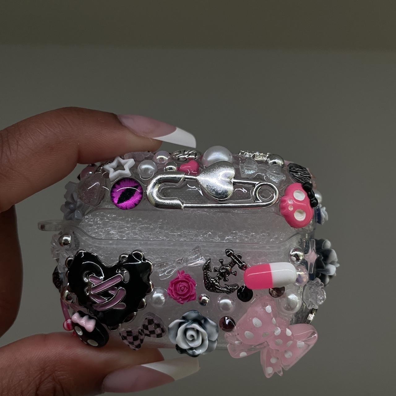 Hand-made, one-of-a-kind pink and black junk AirPod... | Depop