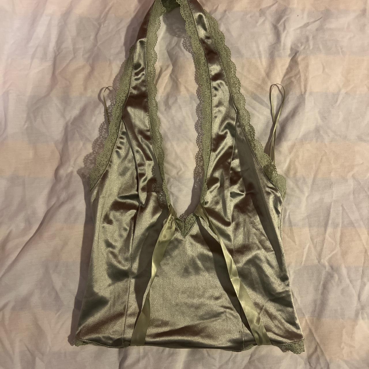 Satin Green halter top, with green lace on the neck... | Depop
