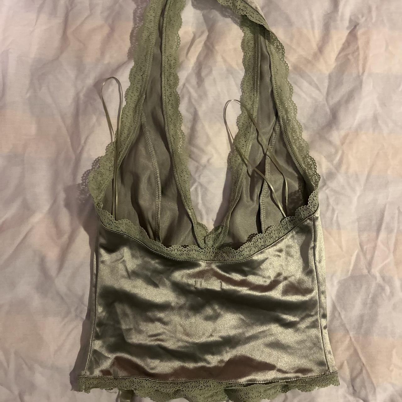 Satin Green halter top, with green lace on the neck... | Depop