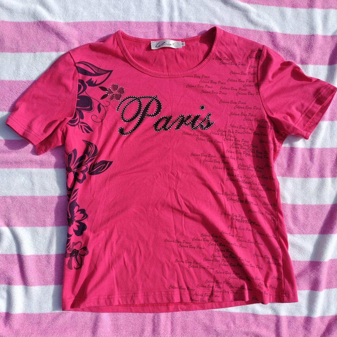 Bright pink graphic T-Shirt with details of flowers,... - Depop
