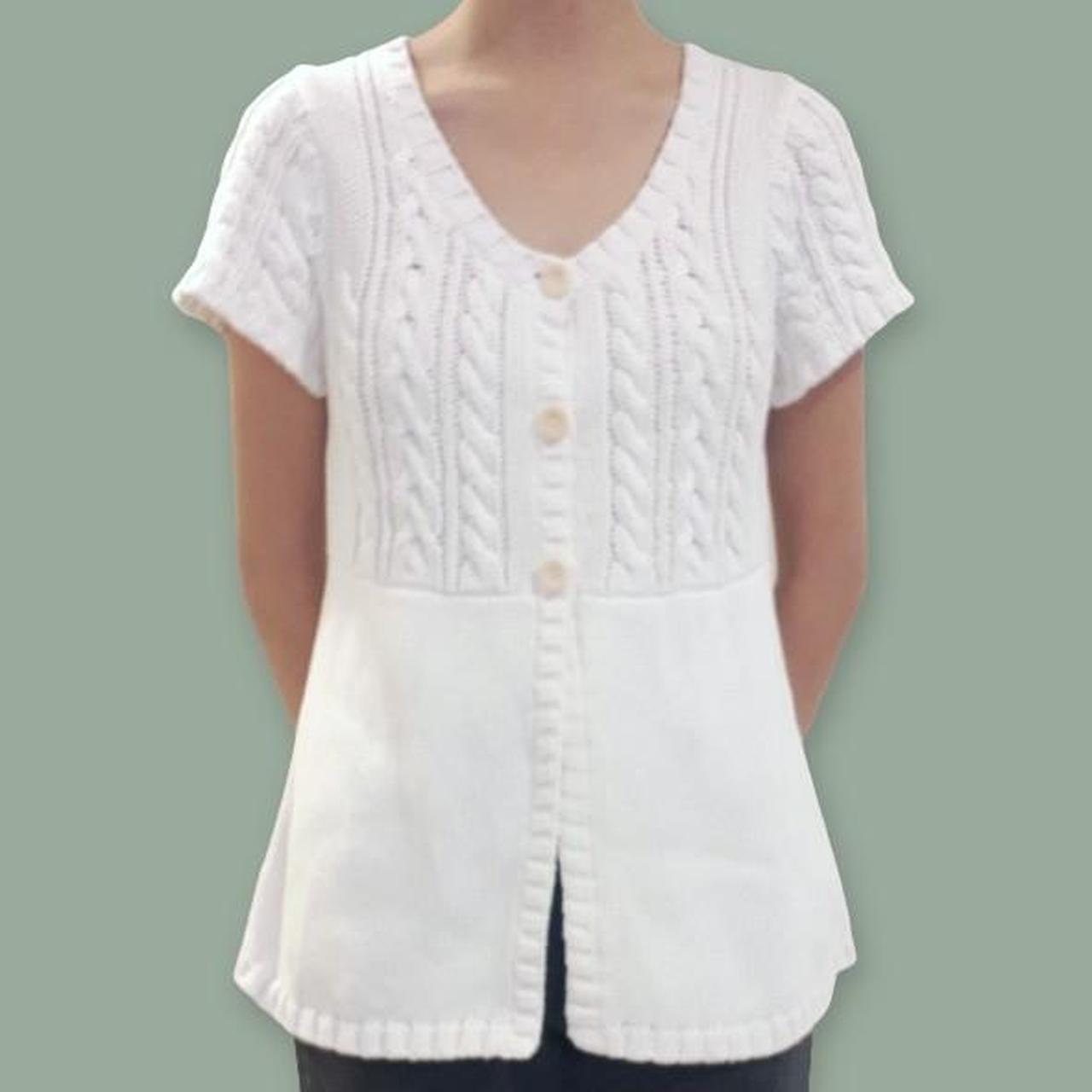 White Short Sleeve Cable Knit Sweater Cardigan Size... - Depop