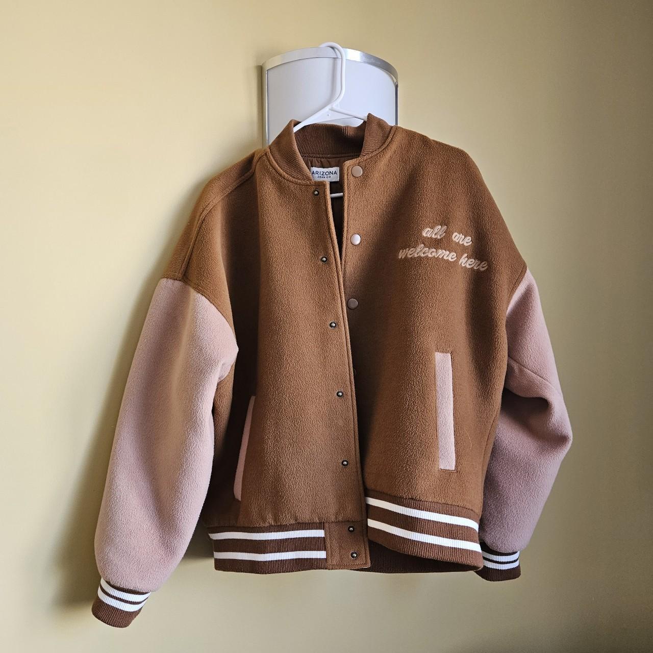 Unisex neutral brown and tan letterman inspired... - Depop