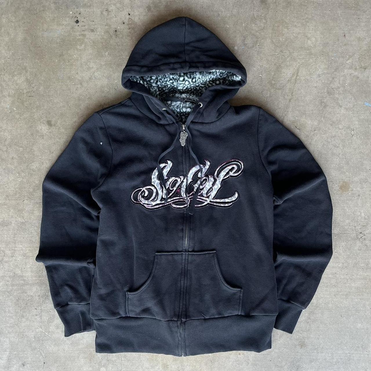 y2k early 2000s so cal zip up with leopard print... - Depop