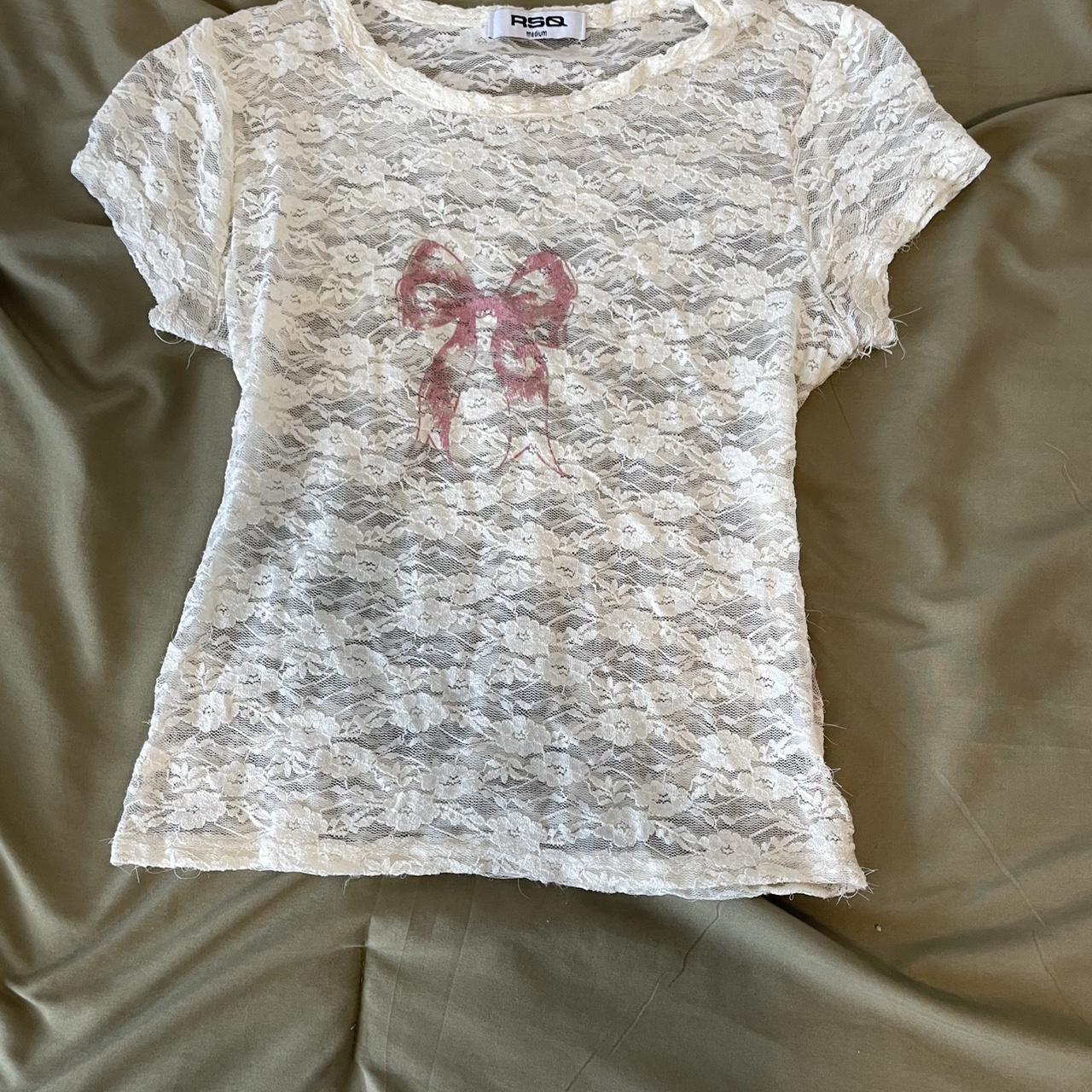 White lace with bow RSQ medium top #lacetop... | Depop