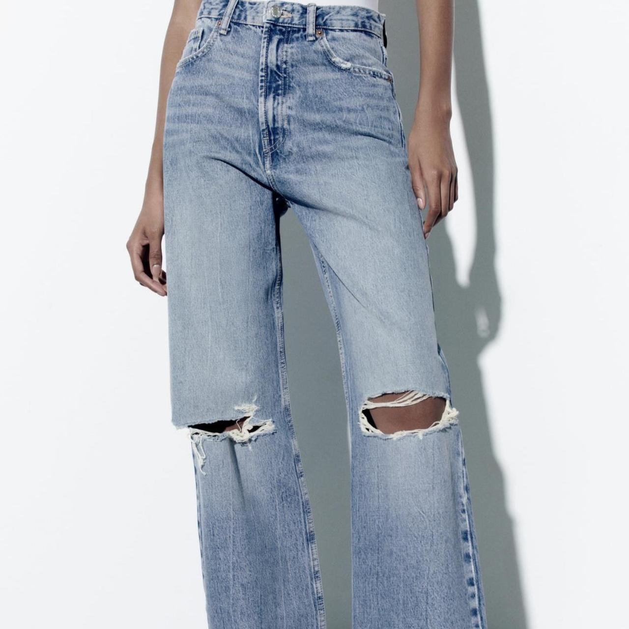 high-rise ripped wide-leg zara jeans so flattering... - Depop