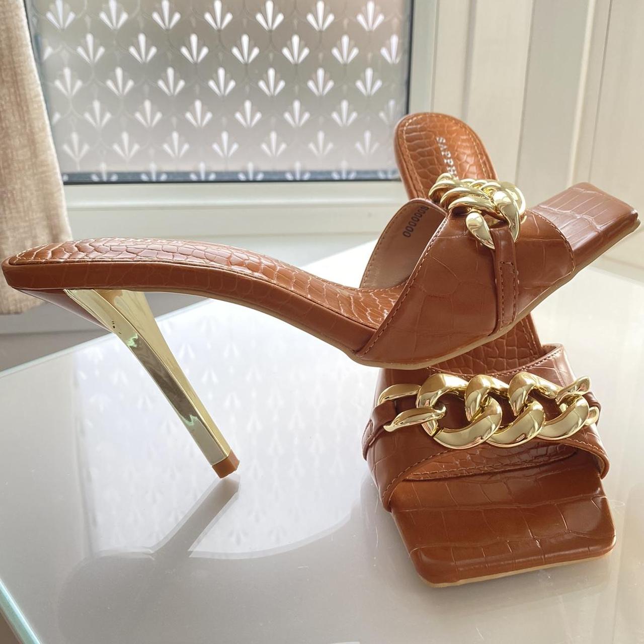 Brown Croc High Heels with Gold Detailing on heel... - Depop