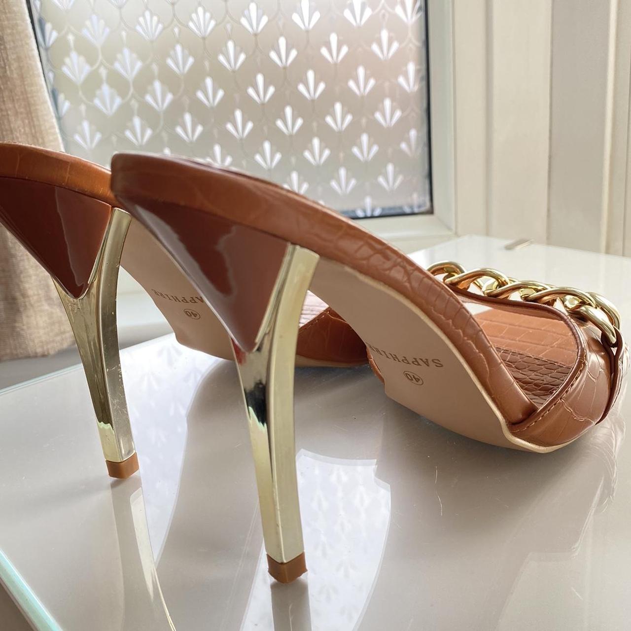 Brown Croc High Heels with Gold Detailing on heel... - Depop