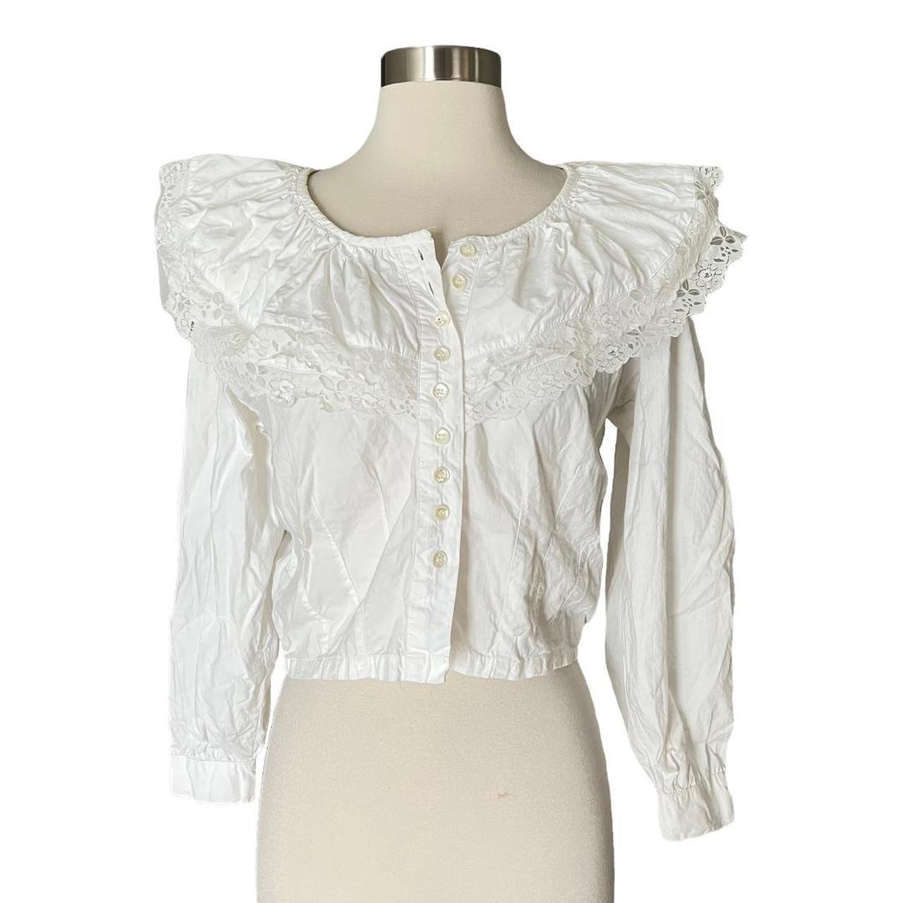 Vintage White Lace Bib Button Front Long Sleeve... - Depop