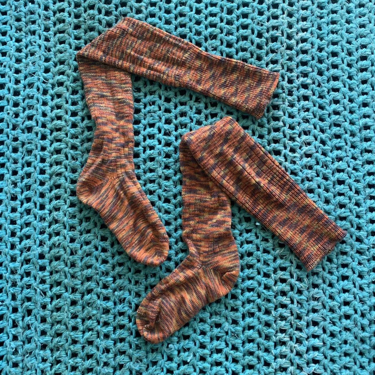 Red orange and brown space dye thigh socks! Handmade... - Depop