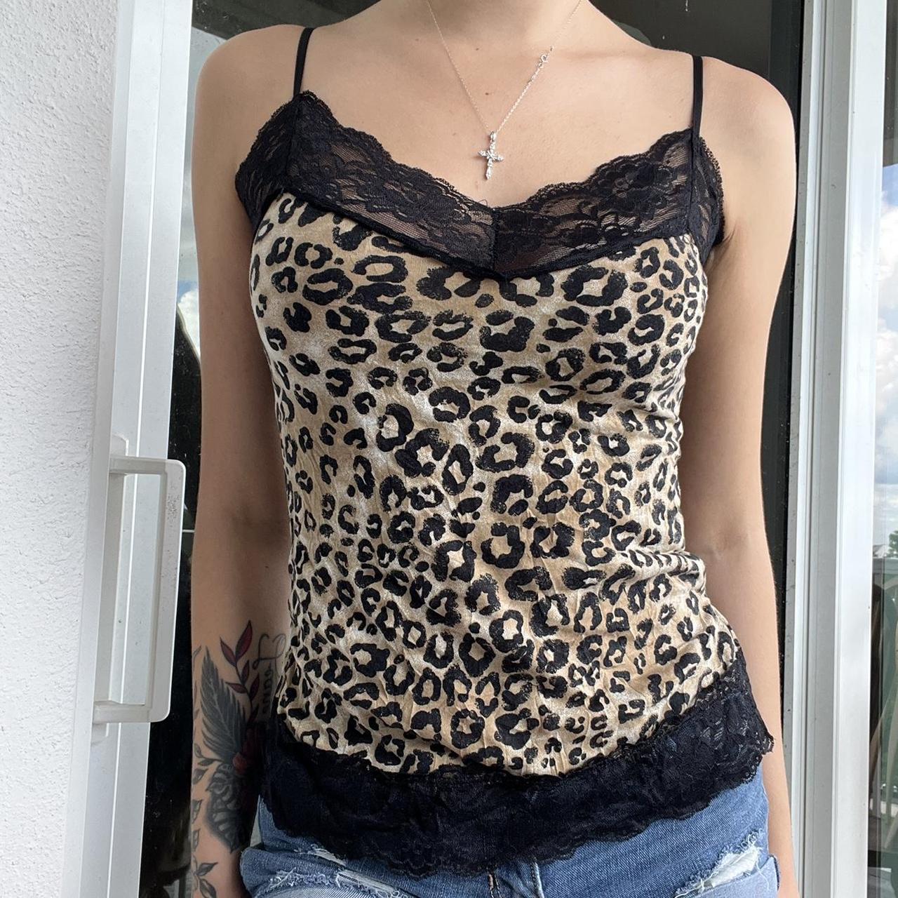 00s Cheetah print tank top with black lace 🤎🖤 Size... - Depop
