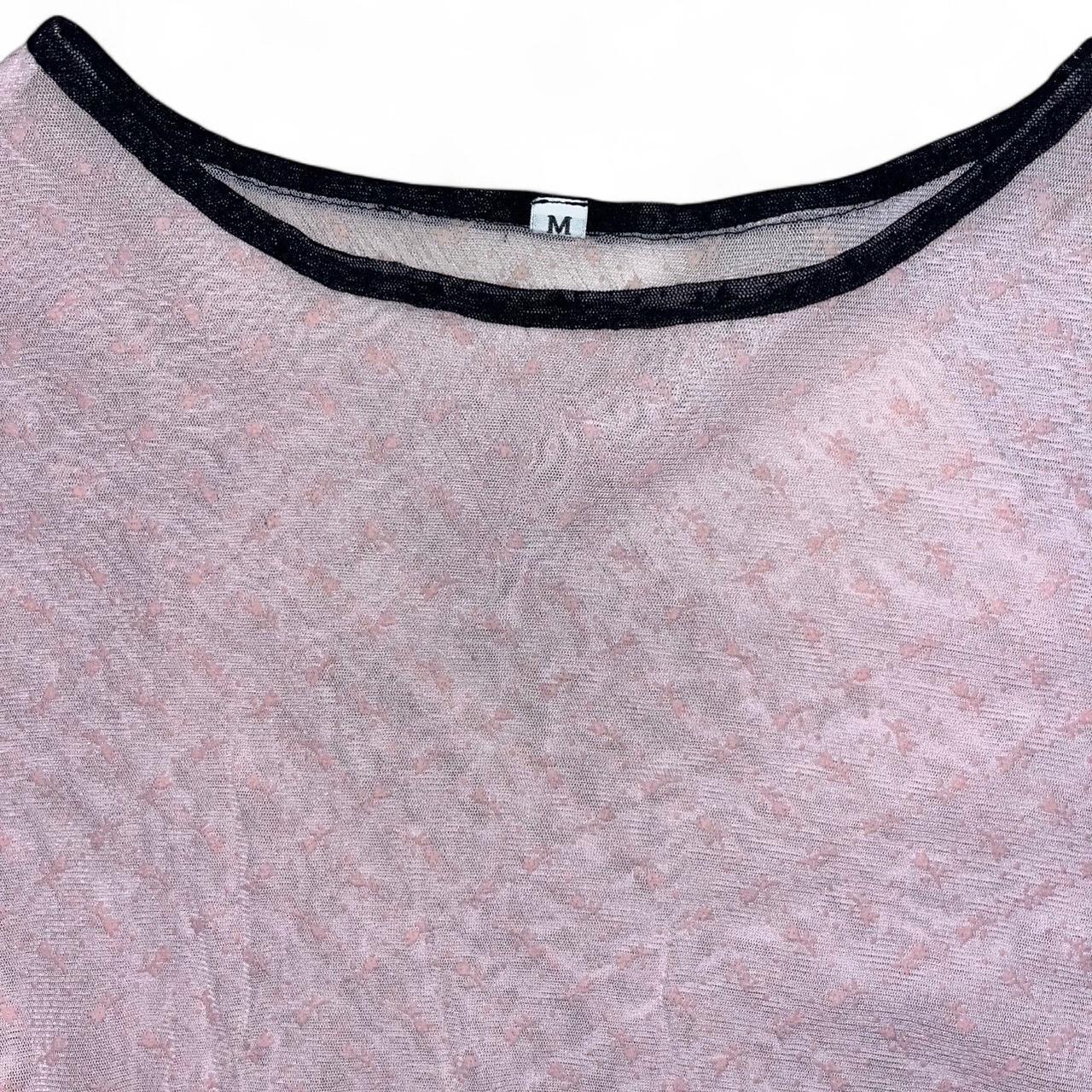 Pink mesh top with black trim bow floral... - Depop