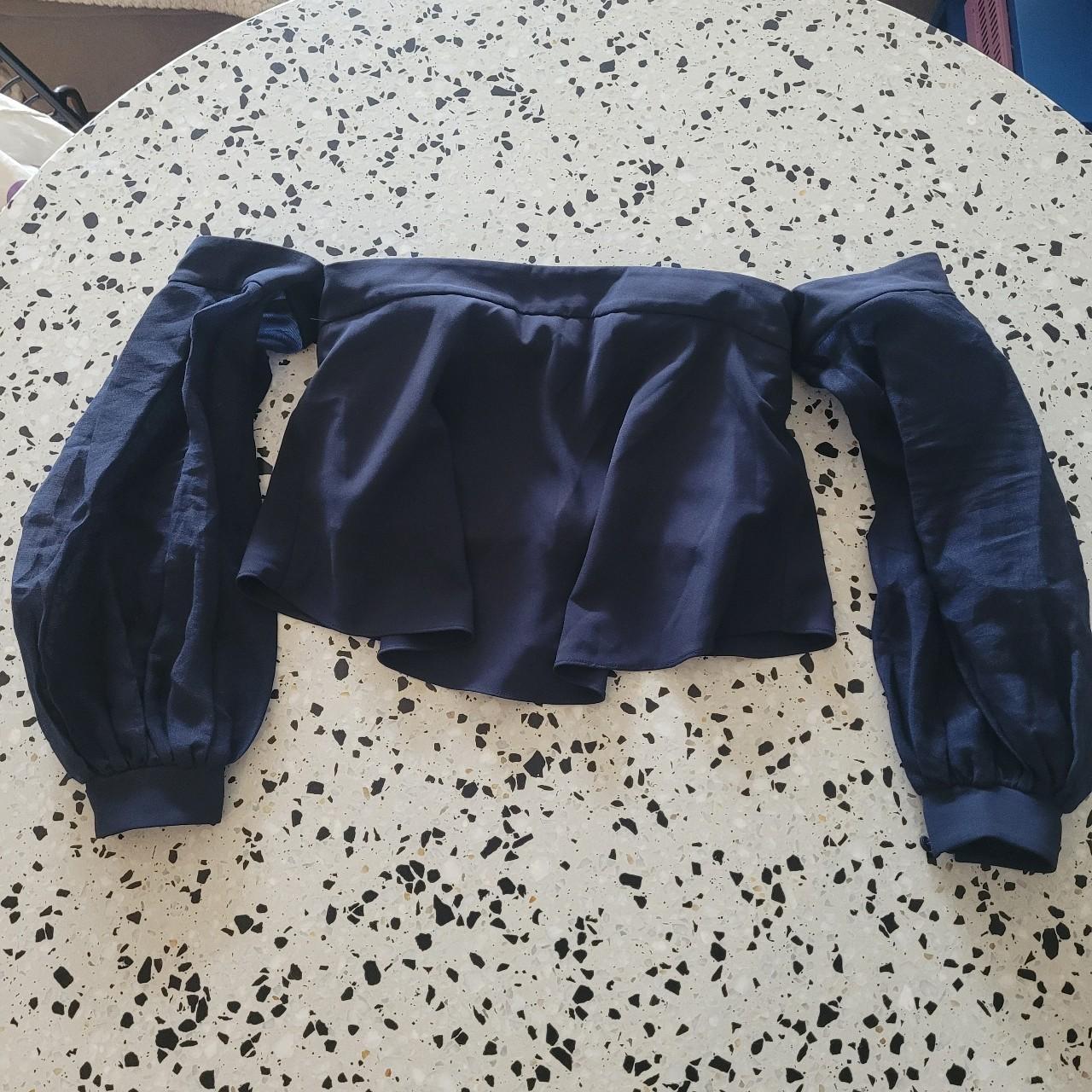 XS navy off the shoulder drop top with cute puffed... - Depop