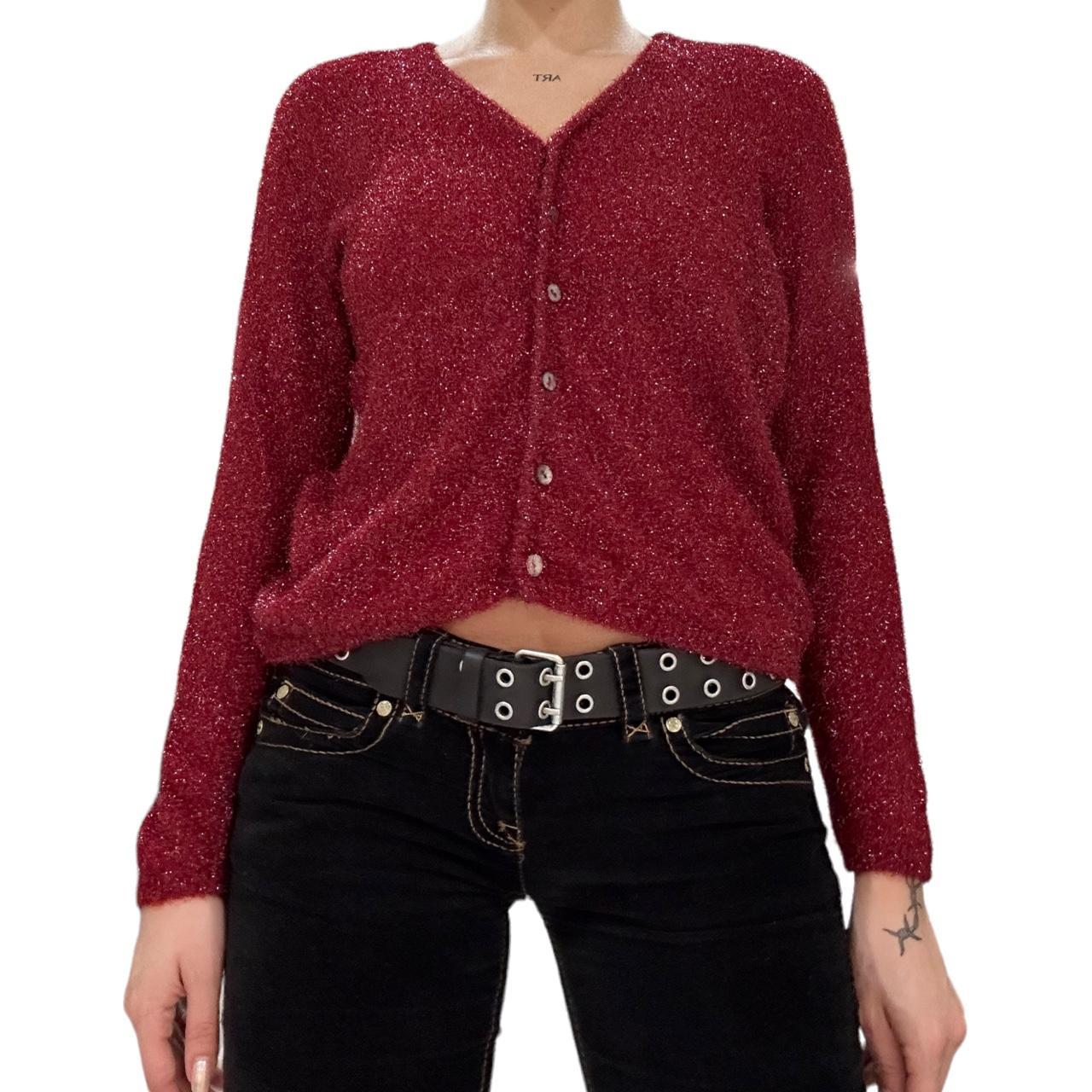 Vintage red cardigan button up knit sparkle to the... - Depop