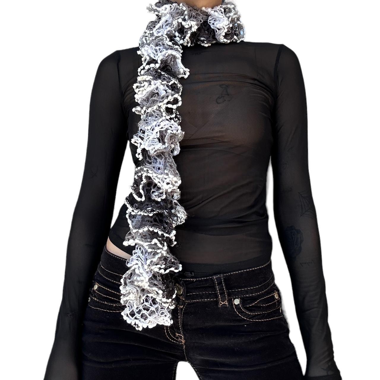 Y2k knit scarf ruffled spider web crochet skinny... - Depop