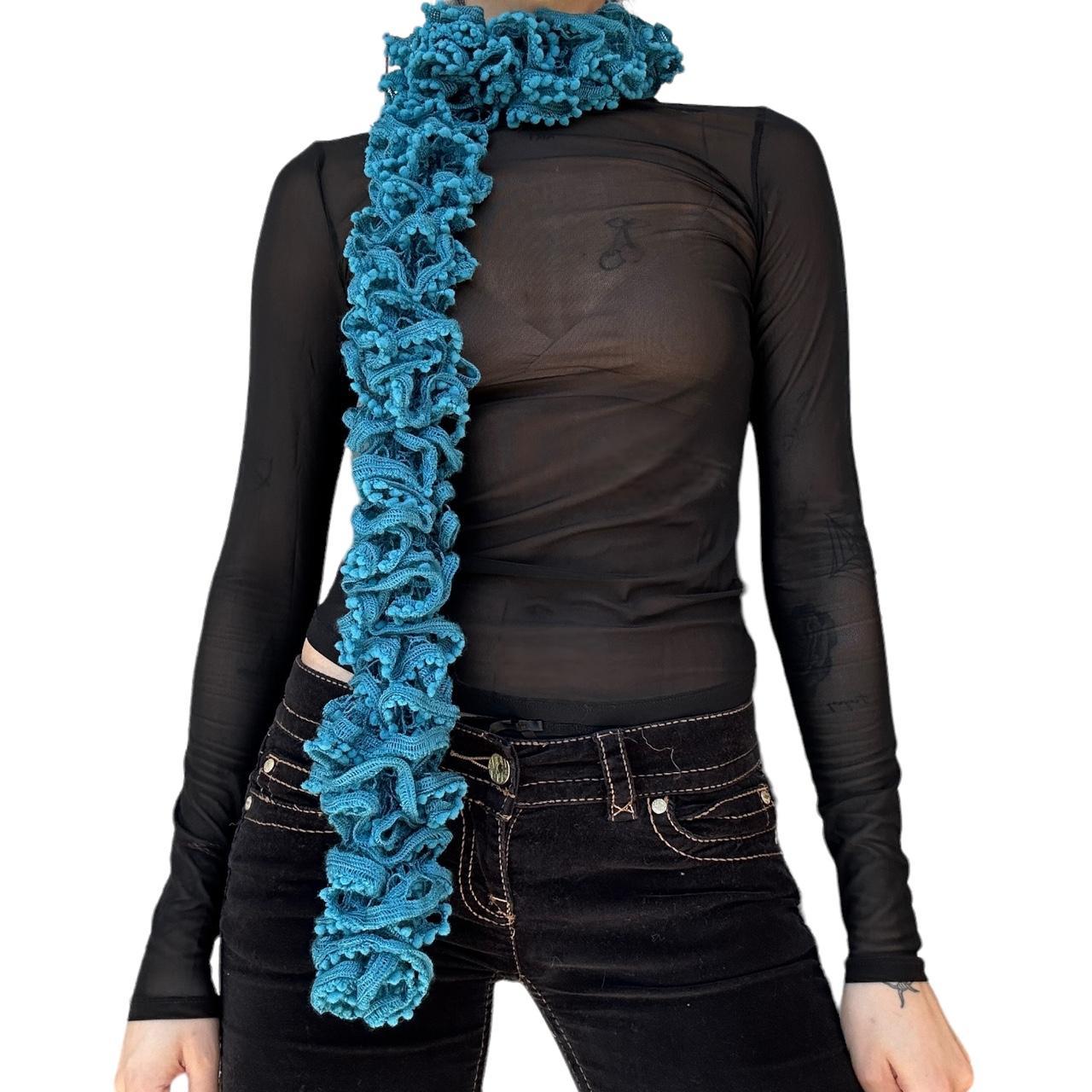 Y2k blue scarf ruffled spider web crochet knit scarf... - Depop