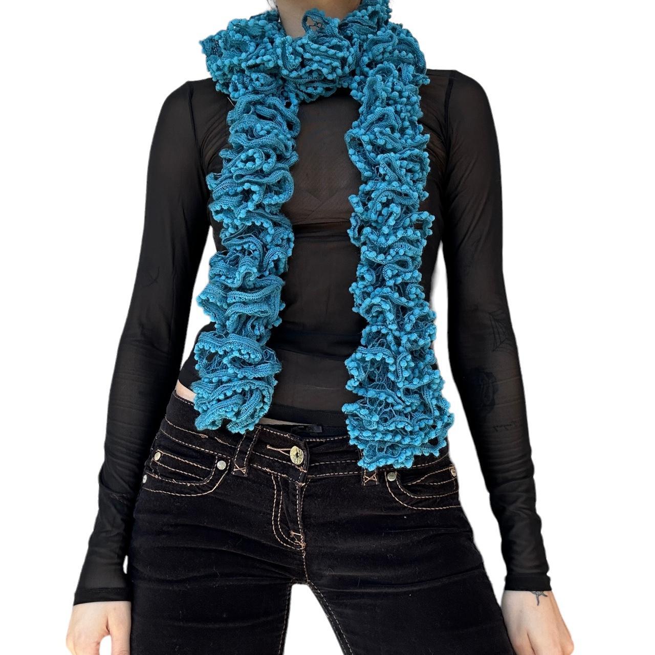 Y2k blue scarf ruffled spider web crochet knit scarf... - Depop