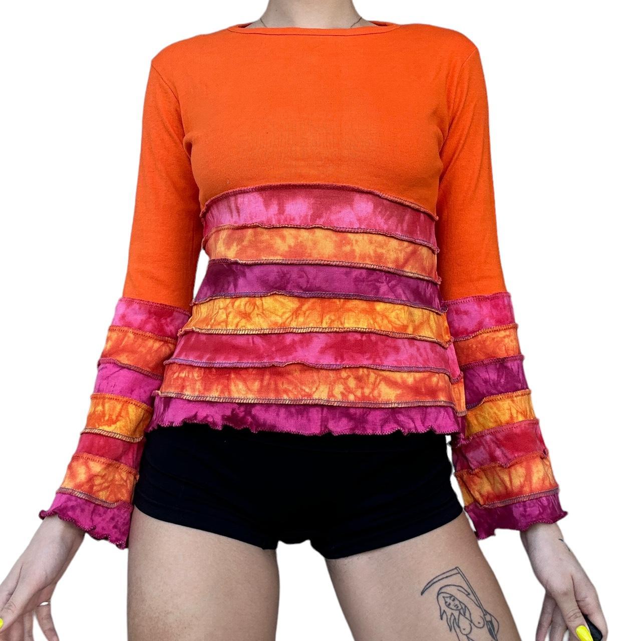 Y2k patchwork top flare bell sleeves tie dye print... - Depop