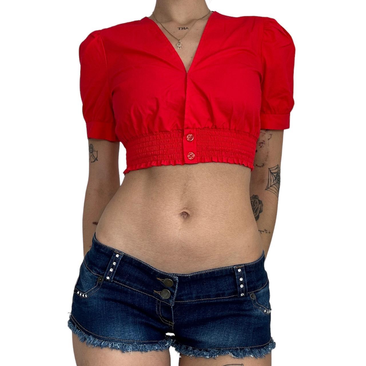 Y2k crop top red short sleeve button up Vintage... - Depop